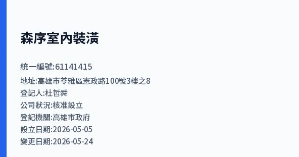 森序室內裝潢的照片-統編 61141415(高雄市) 公司登記資料與營業項目詳細圖表