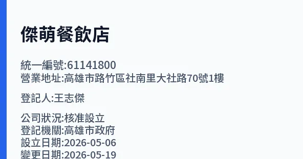傑萌餐飲店的照片-統編 61141800(高雄市) 公司登記資料與營業項目詳細圖表