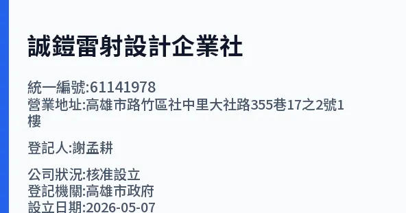 誠鎧雷射設計企業社的照片-統編 61141978(高雄市) 公司登記資料與營業項目詳細圖表