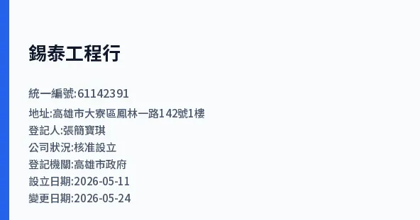 錫泰工程行的照片-統編 61142391(高雄市) 公司登記資料與營業項目詳細圖表