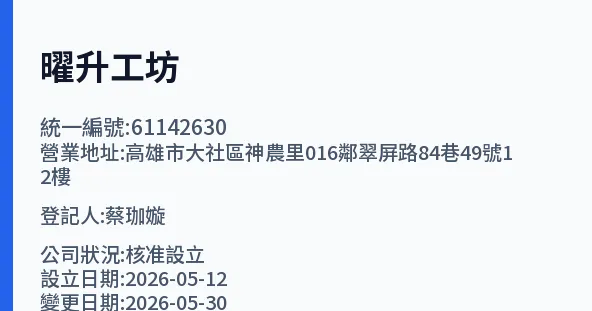 曜升工坊的照片-統編 61142630(高雄市) 公司登記資料與營業項目詳細圖表