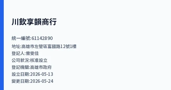 川飲享韻商行的照片-統編 61142890(高雄市) 公司登記資料與營業項目詳細圖表