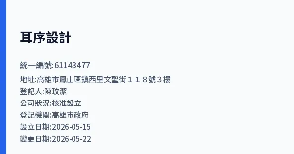 耳序設計的照片-統編 61143477(高雄市) 公司登記資料與營業項目詳細圖表