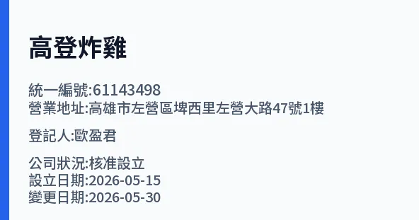 高登炸雞的照片-統編 61143498(高雄市) 公司登記資料與營業項目詳細圖表