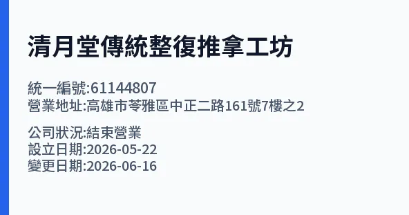 清月堂傳統整復推拿工坊的照片-統編 61144807(高雄市) 公司登記資料與營業項目詳細圖表