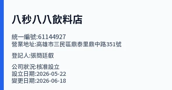 八秒八八飲料店的照片-統編 61144927(高雄市) 公司登記資料與營業項目詳細圖表