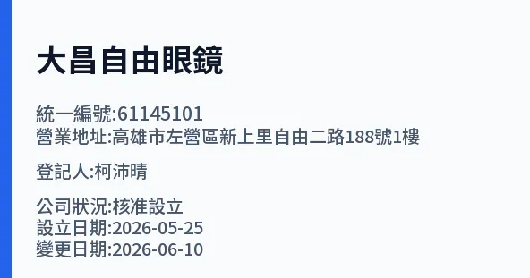 大昌自由眼鏡的照片-統編 61145101(高雄市) 公司登記資料與營業項目詳細圖表