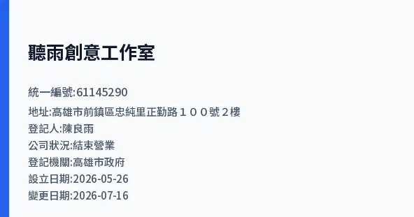 聽雨創意工作室的照片-統編 61145290 公司登記資料與營業項目詳細圖表