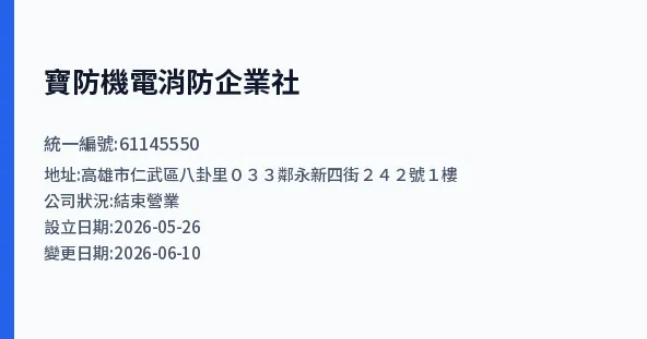 寶防機電消防企業社的照片-統編 61145550(高雄市) 公司登記資料與營業項目詳細圖表
