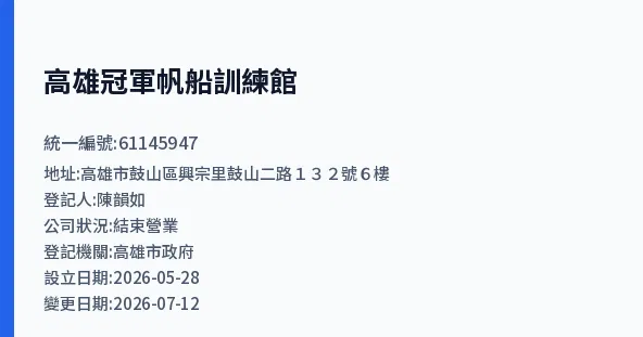 高雄冠軍帆船訓練館的照片-統編 61145947 公司登記資料與營業項目詳細圖表