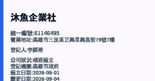 沐魚企業社的照片-統編 61146495 公司登記資料與營業項目詳細圖表