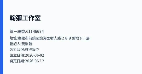 翰彌工作室的照片-統編 61146684(高雄市) 公司登記資料與營業項目詳細圖表