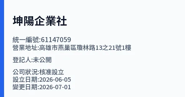 坤陽企業社的照片-統編 61147059(高雄市) 公司登記資料與營業項目詳細圖表