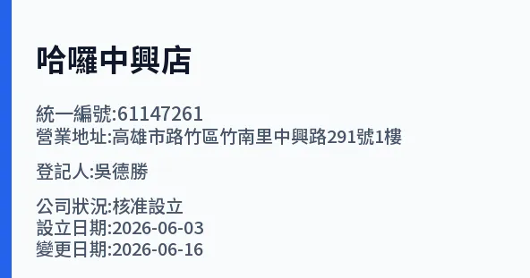 哈囉中興店的照片-統編 61147261(高雄市) 公司登記資料與營業項目詳細圖表