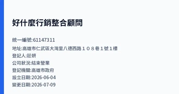 好什麼行銷整合顧問的照片-統編 61147311 公司登記資料與營業項目詳細圖表