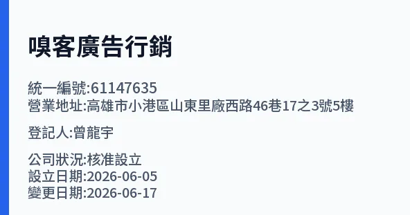 嗅客廣告行銷的照片-統編 61147635(高雄市) 公司登記資料與營業項目詳細圖表