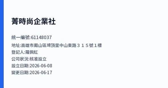 菁時尚企業社的照片-統編 61148037(高雄市) 公司登記資料與營業項目詳細圖表