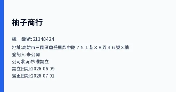 柚子商行的照片-統編 61148424(高雄市) 公司登記資料與營業項目詳細圖表