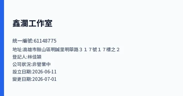 鑫瀾工作室的照片-統編 61148775(高雄市) 公司登記資料與營業項目詳細圖表