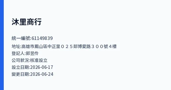 沐里商行的照片-統編 61149839(高雄市) 公司登記資料與營業項目詳細圖表