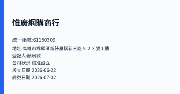 惟廣網購商行的照片-統編 61150309(高雄市) 公司登記資料與營業項目詳細圖表