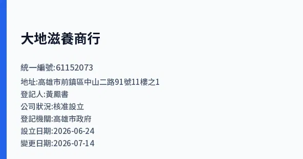 大地滋養商行的照片-統編 61152073(高雄市) 公司登記資料與營業項目詳細圖表
