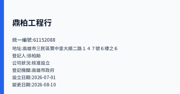 鼎柏工程行的照片-統編 61152088(高雄市) 公司登記資料與營業項目詳細圖表
