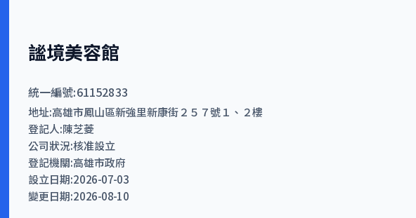 謐境美容館的照片-統編 61152833(高雄市) 公司登記資料與營業項目詳細圖表