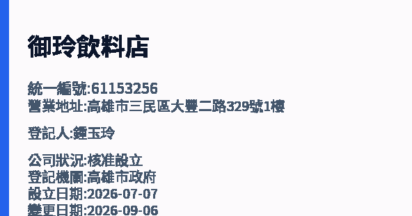 御玲飲料店的照片-統編 61153256(高雄市) 公司登記資料與營業項目詳細圖表