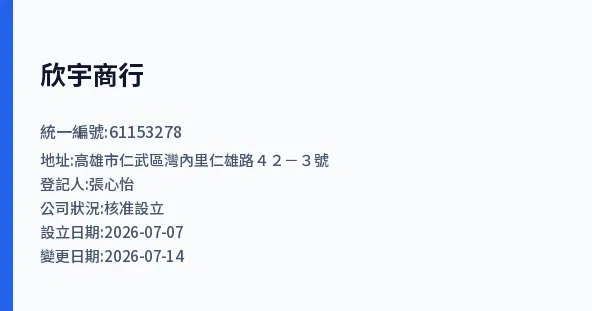 欣宇商行的照片-統編 61153278(高雄市) 公司登記資料與營業項目詳細圖表