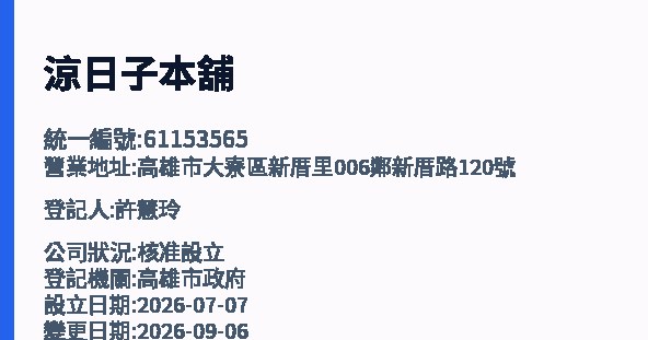 涼日子本舖的照片-統編 61153565(高雄市) 公司登記資料與營業項目詳細圖表