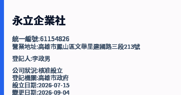 永立企業社的照片-統編 61154826(高雄市) 公司登記資料與營業項目詳細圖表
