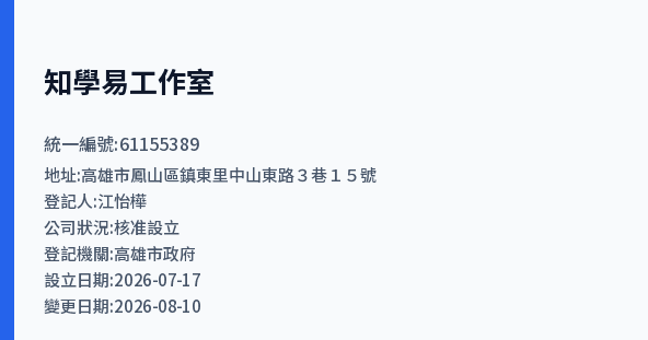 知學易工作室的照片-統編 61155389(高雄市) 公司登記資料與營業項目詳細圖表