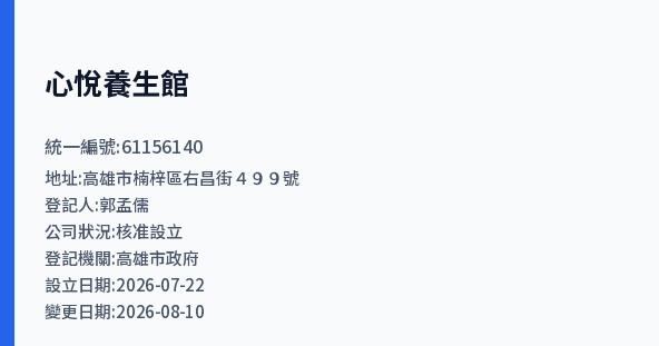 心悅養生館的照片-統編 61156140(高雄市) 公司登記資料與營業項目詳細圖表