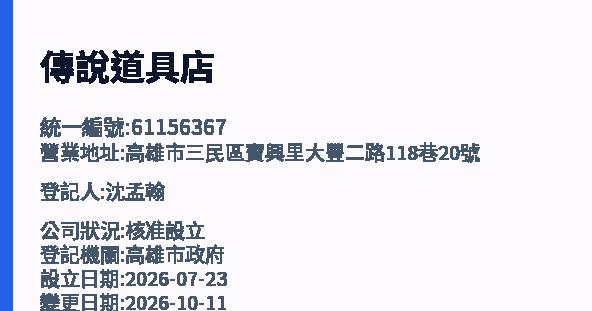 傳說道具店的照片-統編 61156367(高雄市) 公司登記資料與營業項目詳細圖表