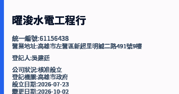 曜浚水電工程行的照片-統編 61156438(高雄市) 公司登記資料與營業項目詳細圖表