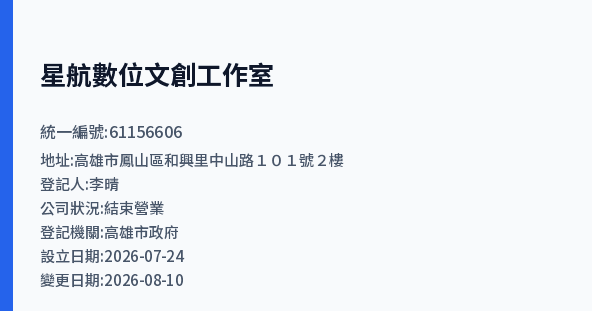 星航數位文創工作室的照片-統編 61156606(高雄市) 公司登記資料與營業項目詳細圖表