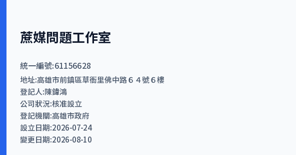 蔗媒問題工作室的照片-統編 61156628(高雄市) 公司登記資料與營業項目詳細圖表