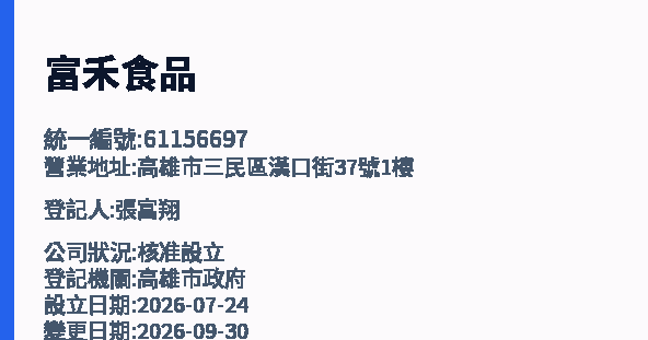 富禾食品的照片-統編 61156697(高雄市) 公司登記資料與營業項目詳細圖表