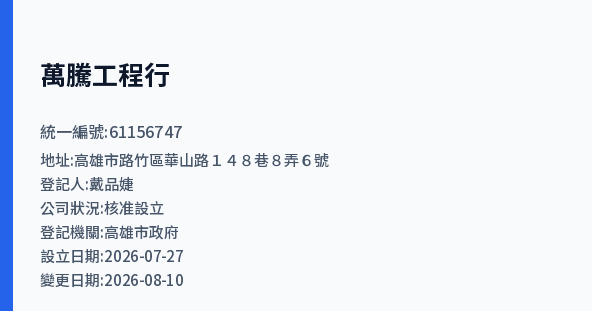 萬騰工程行的照片-統編 61156747(高雄市) 公司登記資料與營業項目詳細圖表
