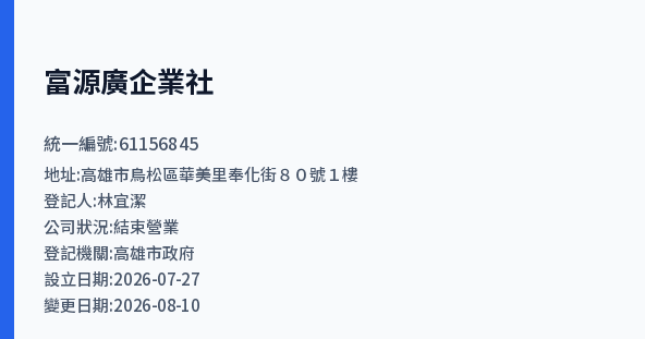 富源廣企業社的照片-統編 61156845(高雄市) 公司登記資料與營業項目詳細圖表