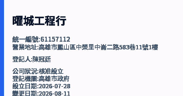 曜城工程行的照片-統編 61157112(高雄市) 公司登記資料與營業項目詳細圖表
