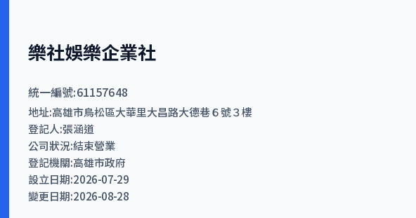 樂社娛樂企業社的照片-統編 61157648(高雄市) 公司登記資料與營業項目詳細圖表
