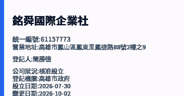銘舜國際企業社的照片-統編 61157773(高雄市) 公司登記資料與營業項目詳細圖表