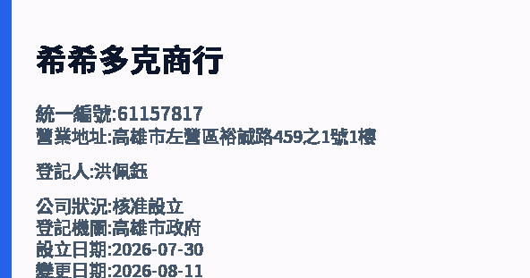 希希多克商行的照片-統編 61157817(高雄市) 公司登記資料與營業項目詳細圖表