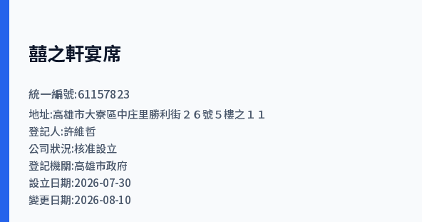 囍之軒宴席的照片-統編 61157823(高雄市) 公司登記資料與營業項目詳細圖表