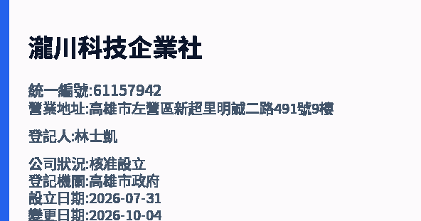 瀧川科技企業社的照片-統編 61157942(高雄市) 公司登記資料與營業項目詳細圖表