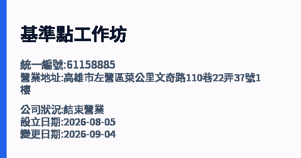 基準點工作坊的照片-統編 61158885(高雄市) 公司登記資料與營業項目詳細圖表