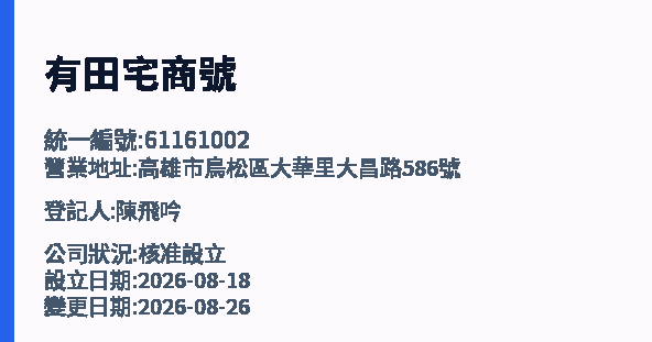 有田宅商號的照片-統編 61161002(高雄市) 公司登記資料與營業項目詳細圖表