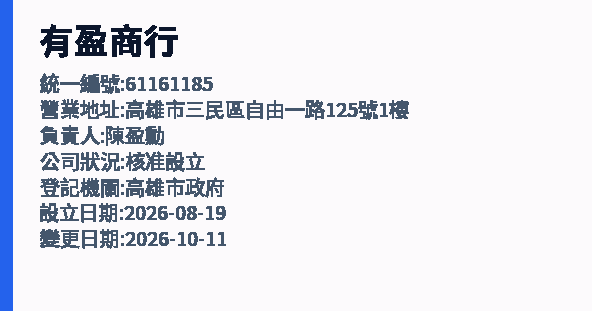 有盈商行的照片-統編 61161185(高雄市) 公司登記資料與營業項目詳細圖表